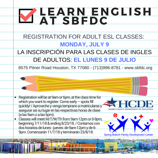 Register for Adult ESL Classes: Monday, July 9 – SBFDC